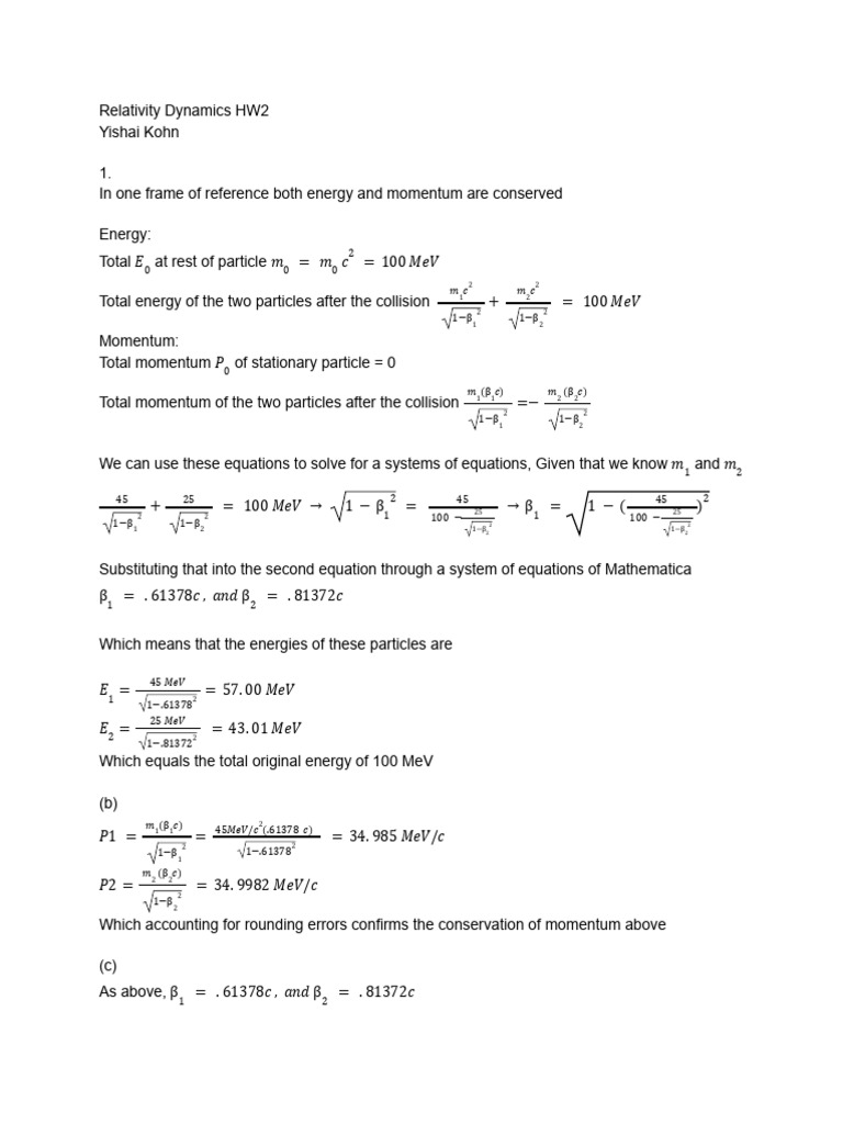 Relativity Dynamics HW2 | PDF | Momentum | Electronvolt