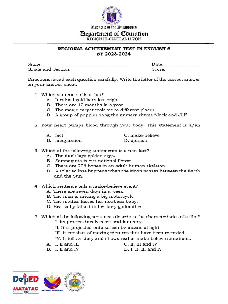 Regional Achievement Test English 6 | PDF | Educational Technology ...