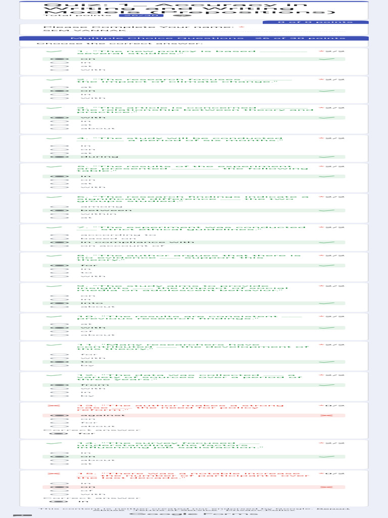 Quiz 1 - Accuracy in Writing and Writing Models (Prepositions) | PDF ...