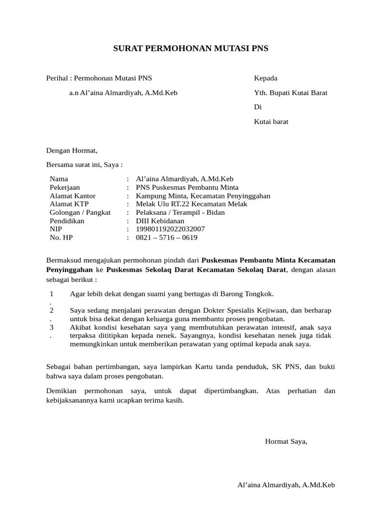 Surat Permohonan Mutasi PNS | PDF