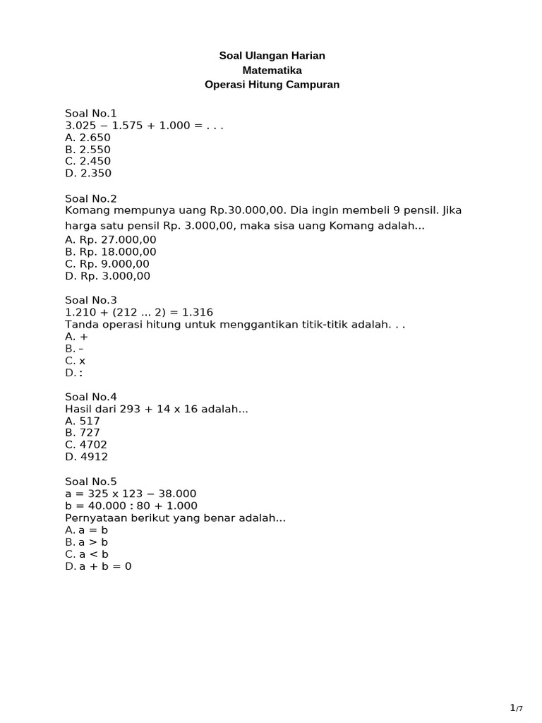 2. Soal Ulangan Harian Matematika Materi Operasi Hitung Campuran Kelas ...