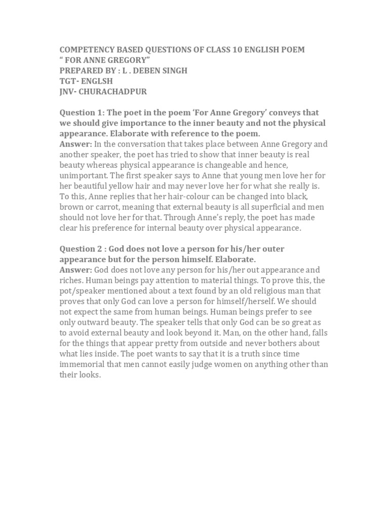 COMPETENCY BASED QUESTIONS OF CLASS 10 ENGLISH POEM For Anne Gregory | PDF