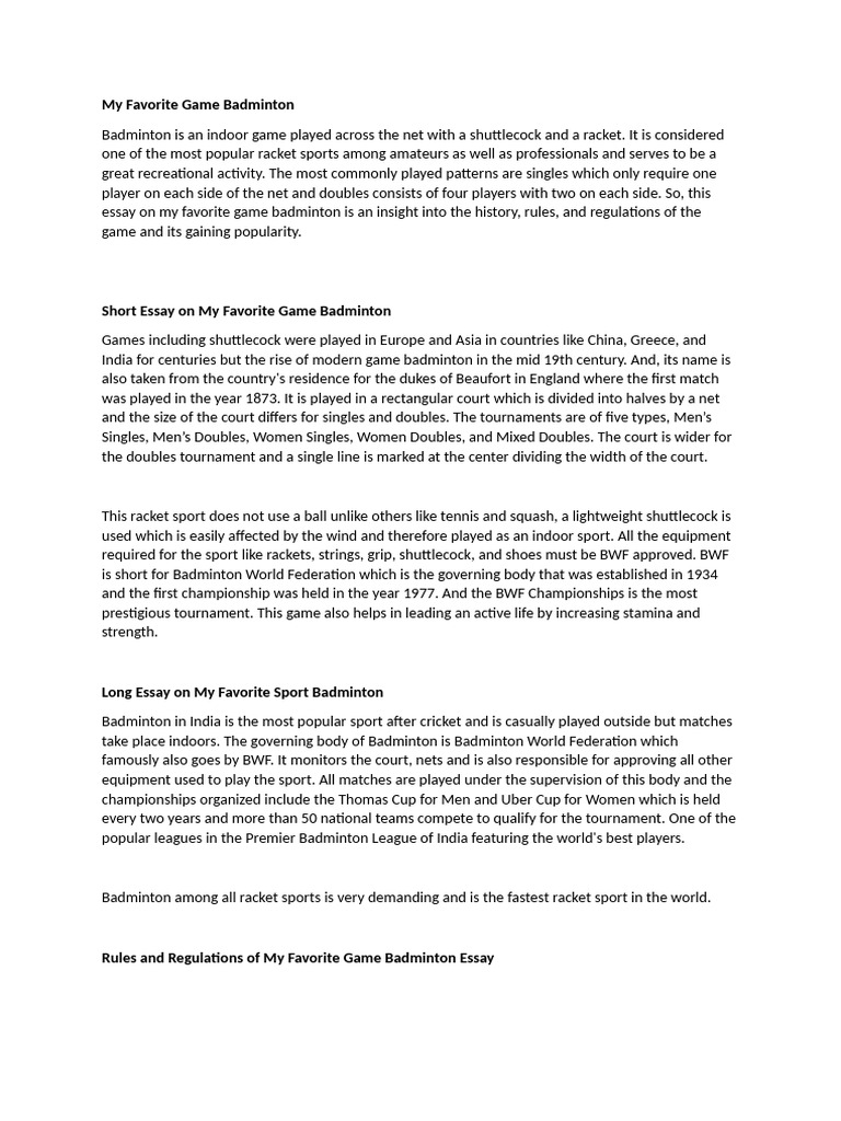 My Favorite Game: Badminton Essay | PDF | Sports