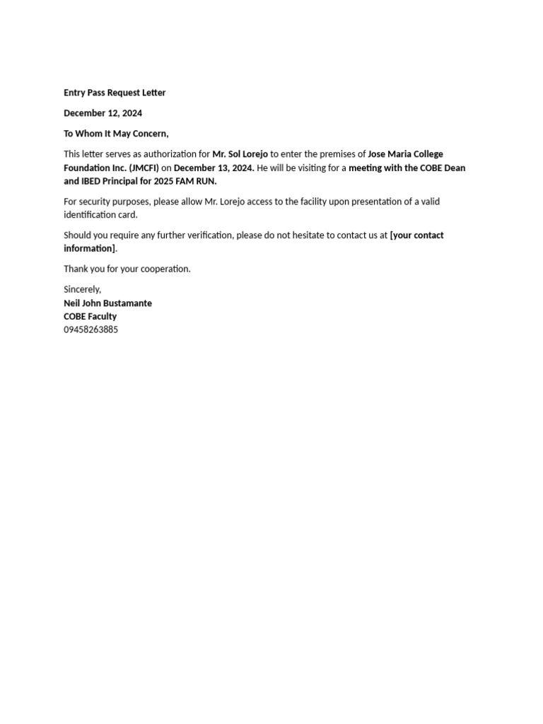 Entry Pass Authorization for Mr. Lorejo | PDF
