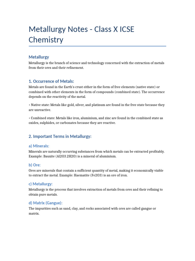 Metallurgy Notes Class 10 | PDF | Aluminium | Ore
