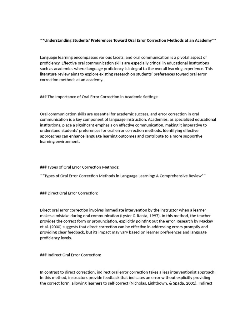 Oral Error Correction - Literature Review | PDF | Learning | Second Language Acquisition