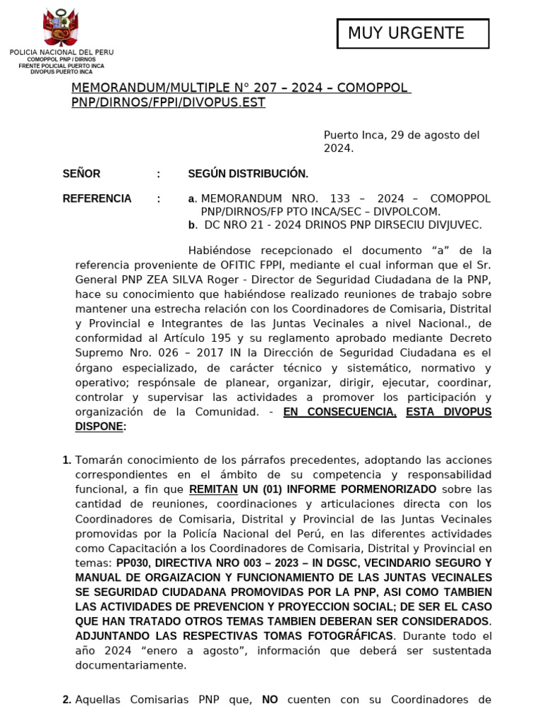 Muy Urgente: Memorandum/Multiple #207 - 2024 - Comoppol Pnp/Dirnos/Fppi/Divopus - Est | PDF ...