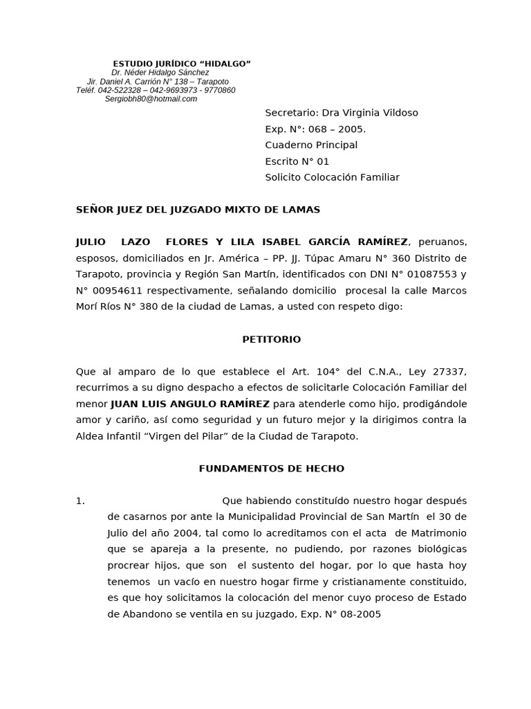 Colocacion Familiar - Julio Lazo Paredes | PDF