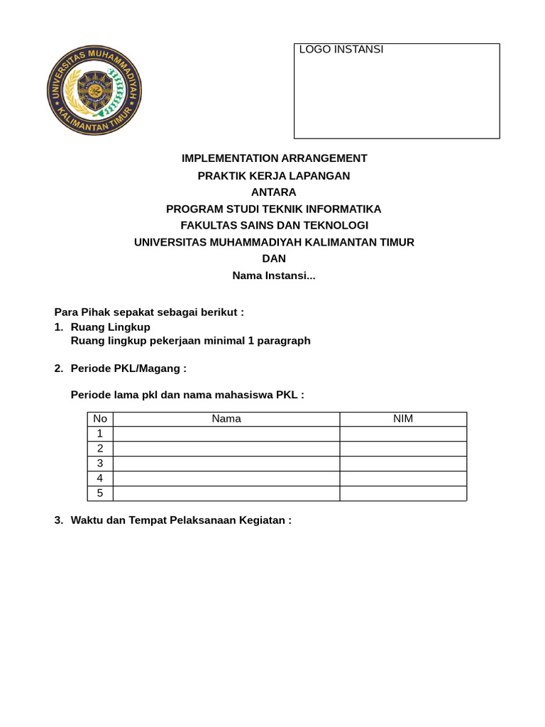 Implementation Arrangement FST Umkt (Template) | PDF