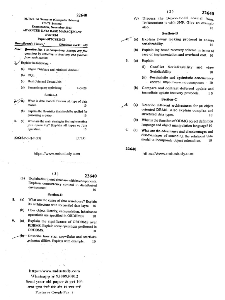 Mtech 1 Sem Cse Advanced Data Base Managemenet System 22640 Nov 2023 | PDF