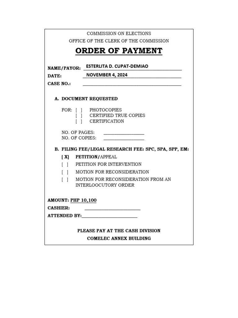Order of Payment - Cupat-Demiao V Yap | PDF
