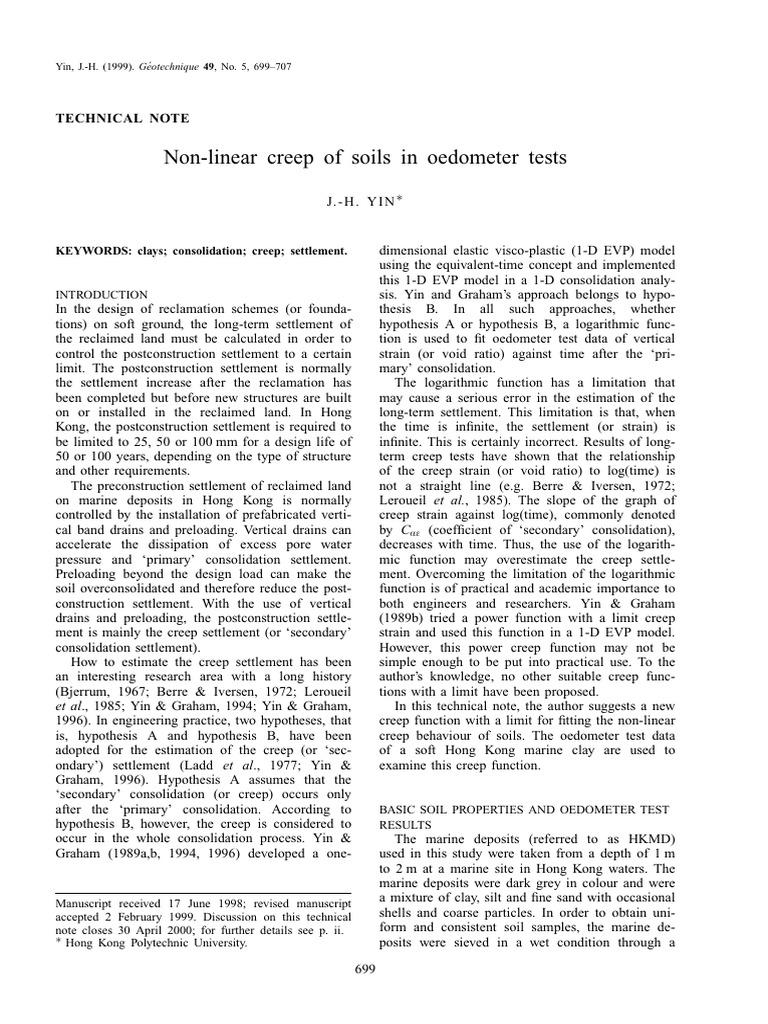 Yin1999. Non-Linear Creep of Soils in Oedometer Tests | PDF | Creep ...