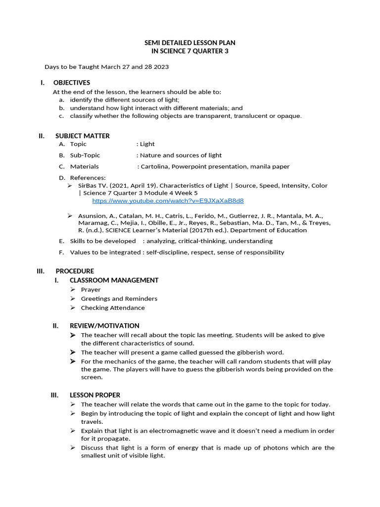 SEMI DETAILED LESSON PLAN in Nature and Sources of Light | PDF | Light | Waves