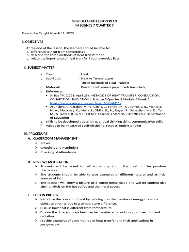 Semi Detailed Lesson Plan in Heat | PDF | Heat Transfer | Heat