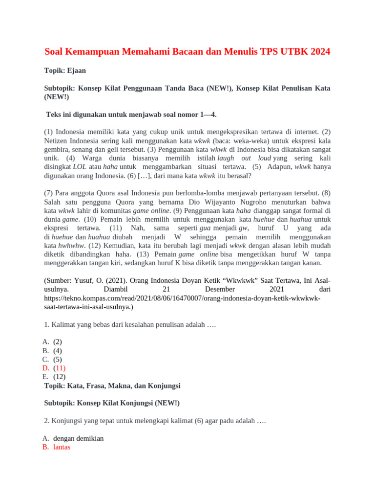 Kls 12 Soal Memahami Bacaan, Menulis, & Penalaran Umum TPS UTBK 2024-1 | PDF