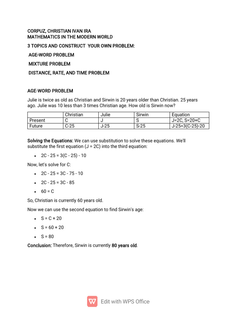 Age Word Problem, Mixture Problem, Distance Rate and Time Problem | PDF | Equations ...