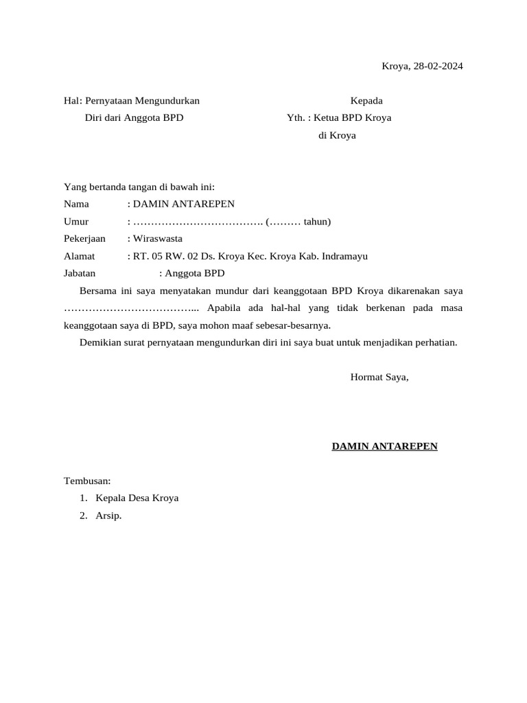 Surat Pengunduran Diri Docx | PDF