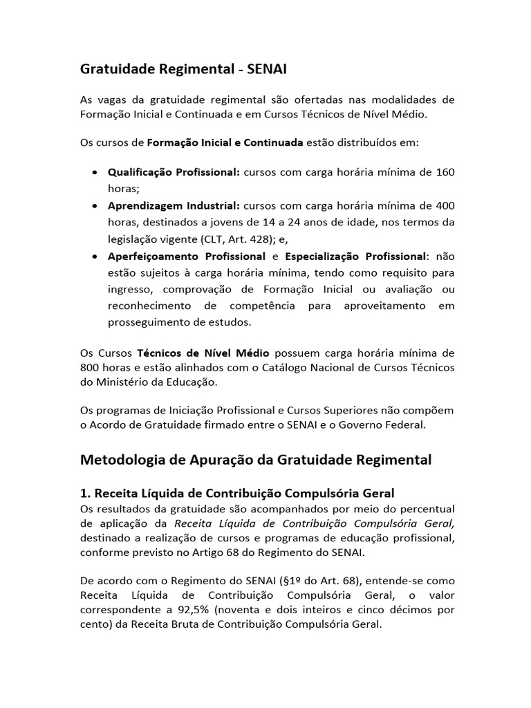 Metodologia de Apuracao Da Gratuidade Regimental Senai | PDF | Desenvolvimento profissional
