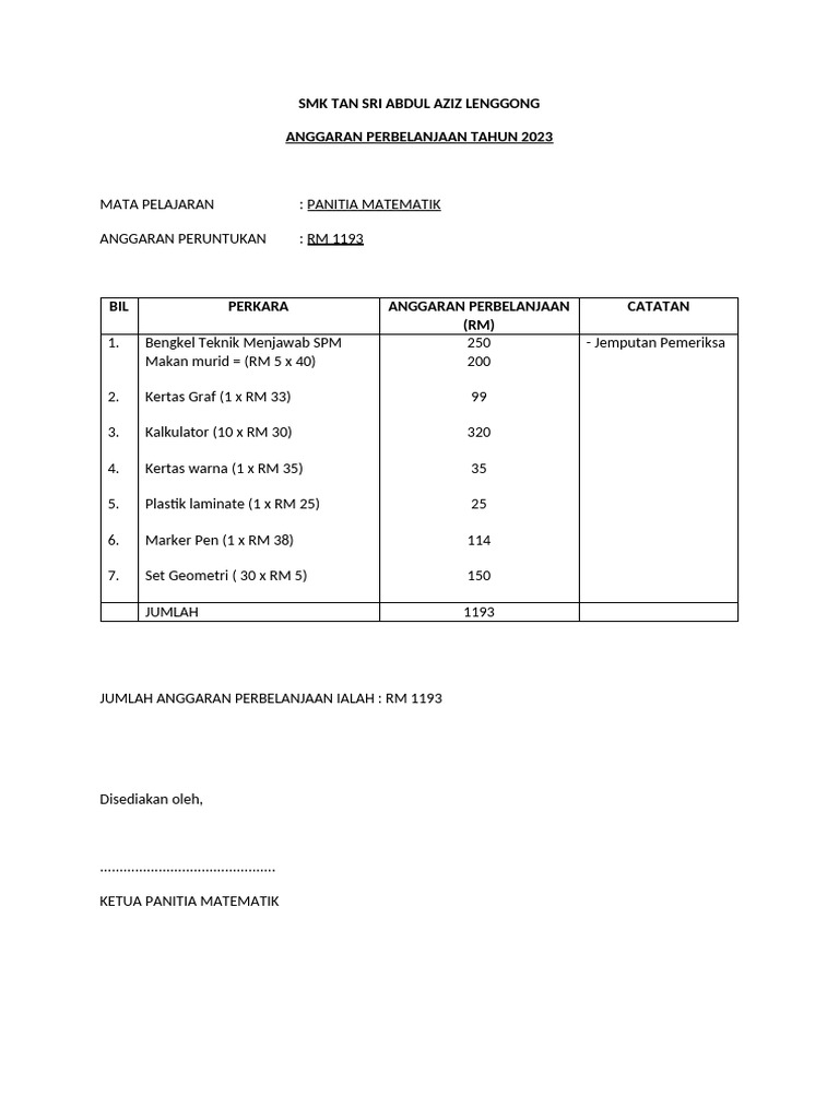 Anggaran Perbelanjaan Panitia Math-2023 | PDF
