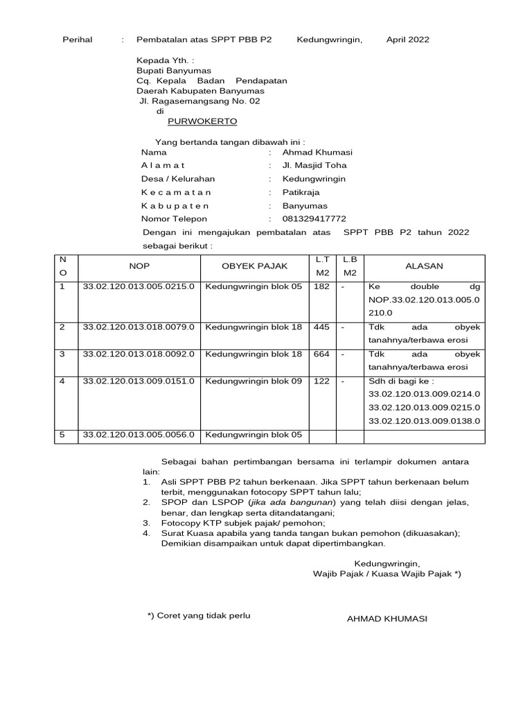Permohonan pembatalan sppt | PDF