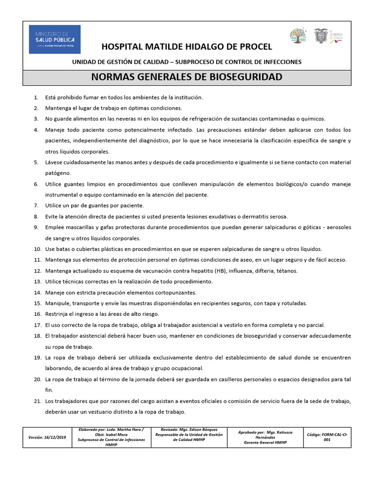 NORMAS GENERALES DE BIOSEGURIDAD HMHP | PDF | Inmunología | Medicina