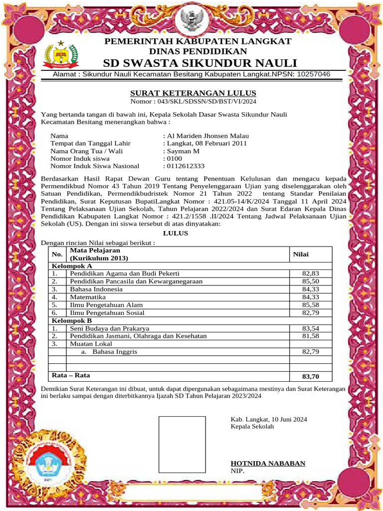 Surat Keterangan Lulus SD Sikundur Nauli | PDF