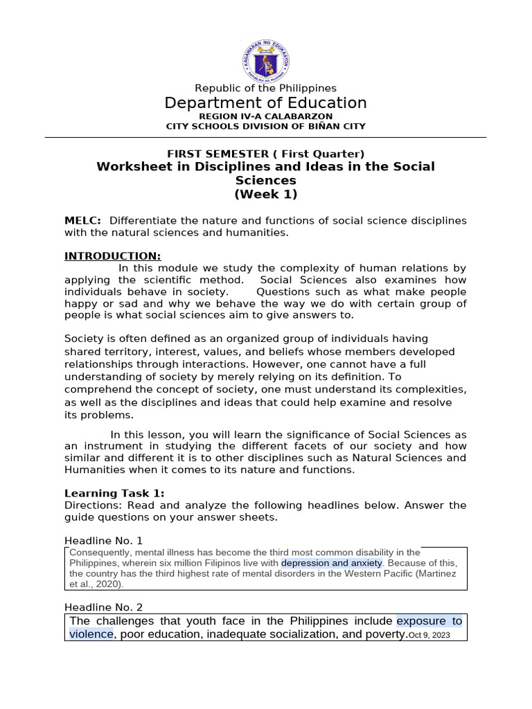 Shs-Diss Worksheet q1 w1-Revised-Aug.2024 | PDF | Social Sciences | Science