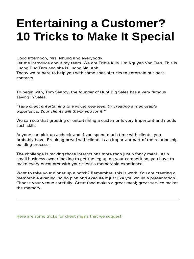 Script - Entertaining A Customer | PDF | Waiting Staff | Chef