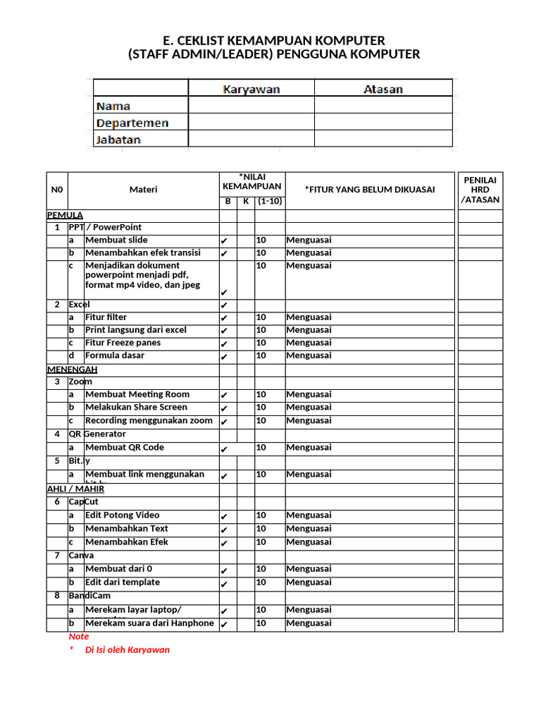 E. Checklist Kemampuan Komputer | PDF
