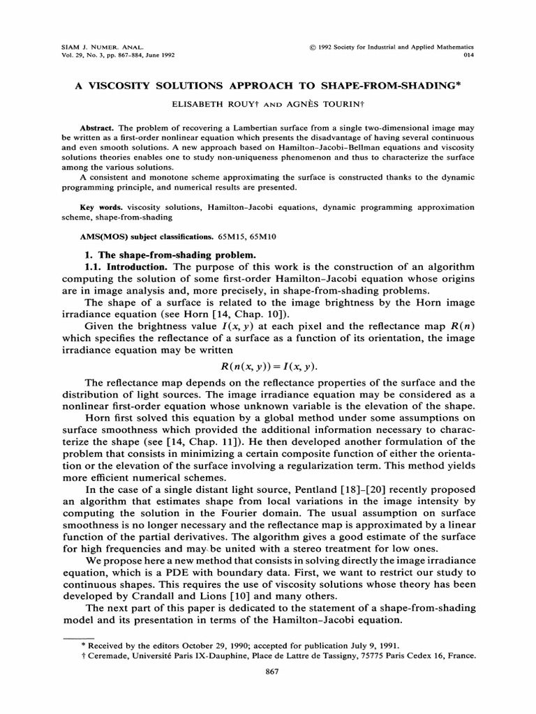 1992 - A Viscosity Solutions Approach To Shape-From-Shading | PDF ...