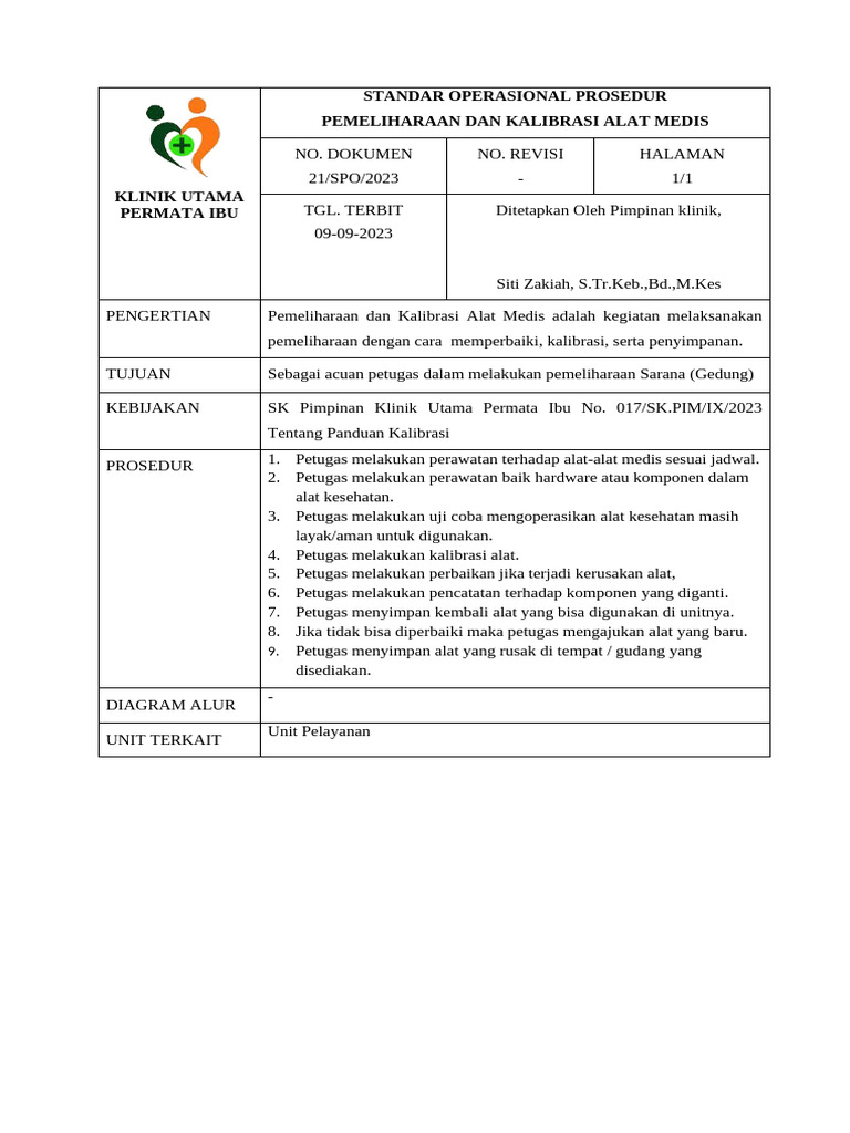 Sop Pemeliharaan Dan Kalibrasi Alat Medis | PDF