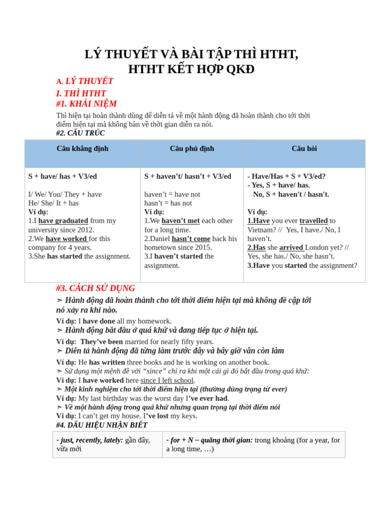 LÝ THUYẾT VÀ BÀI TẬP THÌ HTHT, HTHT+QKĐ | PDF | Vietnam