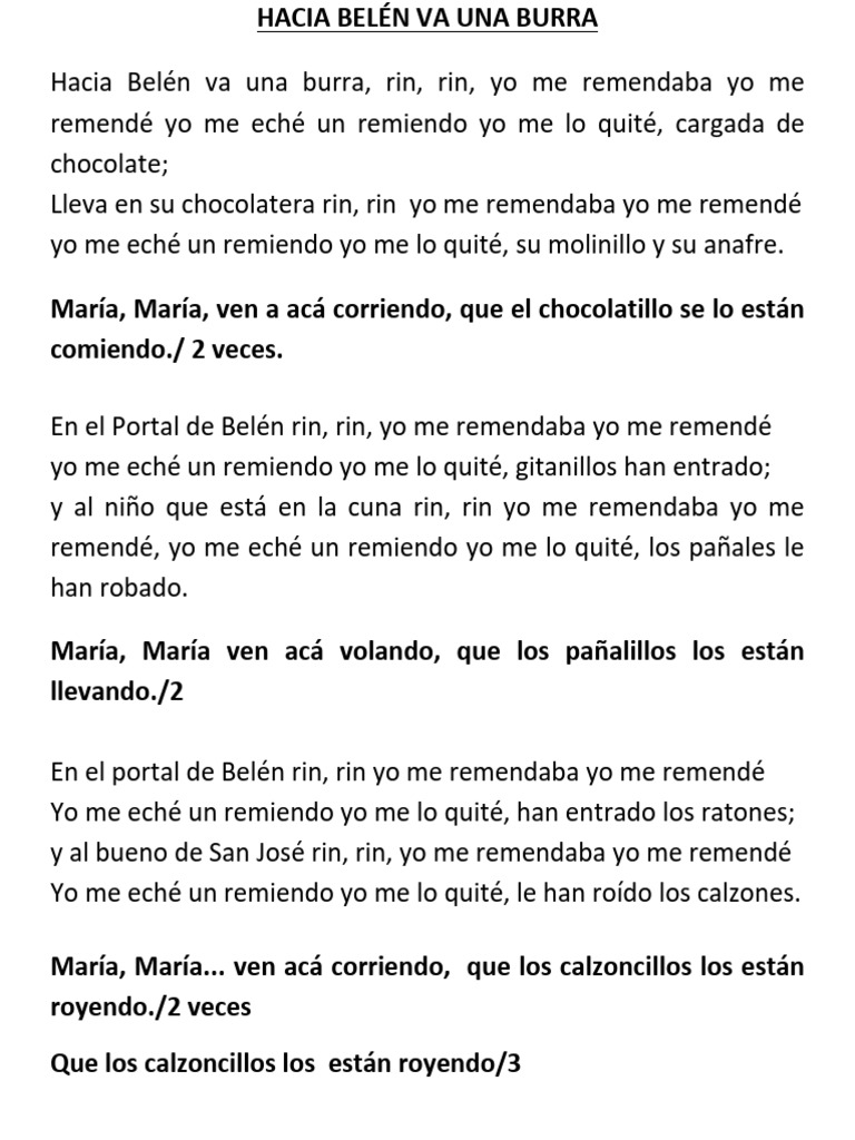 HACIA BELÉN VA UNA BURRA Letra Con modificacion ultima estrofa | PDF