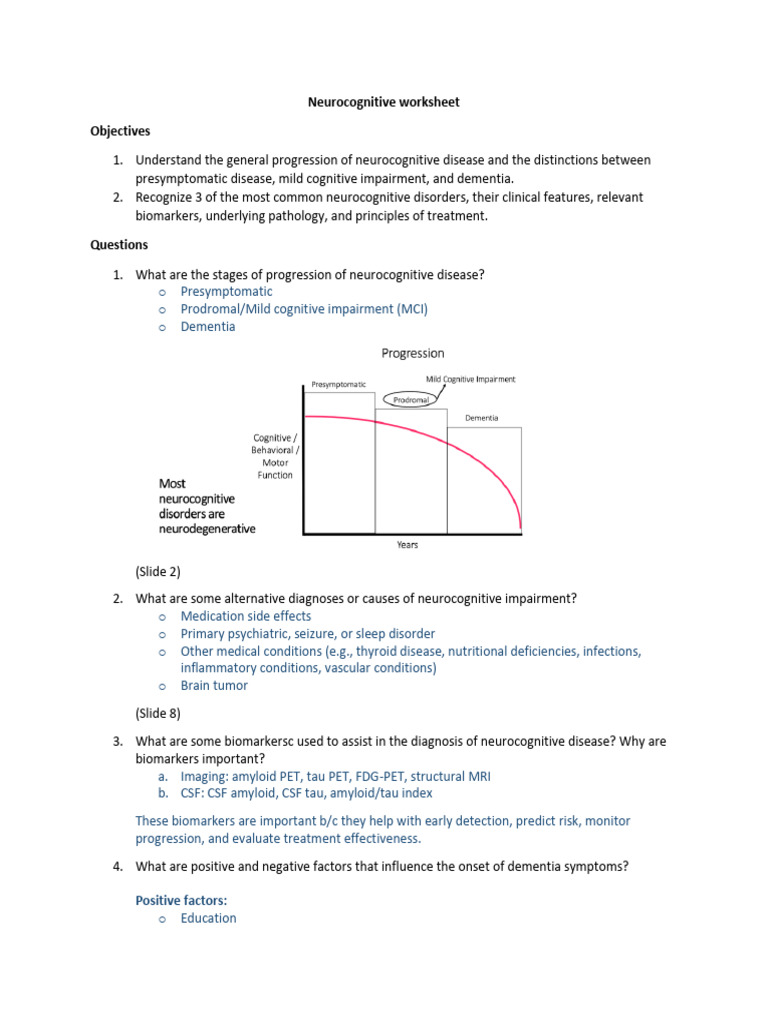 Neurocognitive Worksheet | PDF | Dementia | Alzheimer's Disease