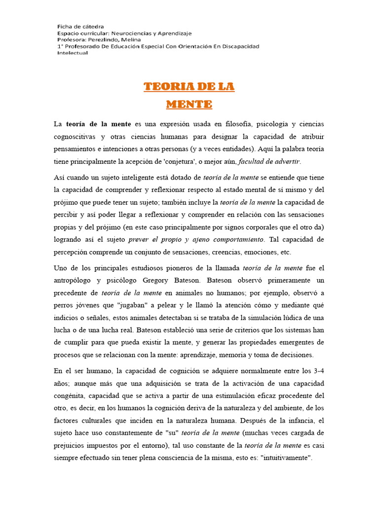 Teoria de La Mente | PDF | Teoria de la mente | Mente