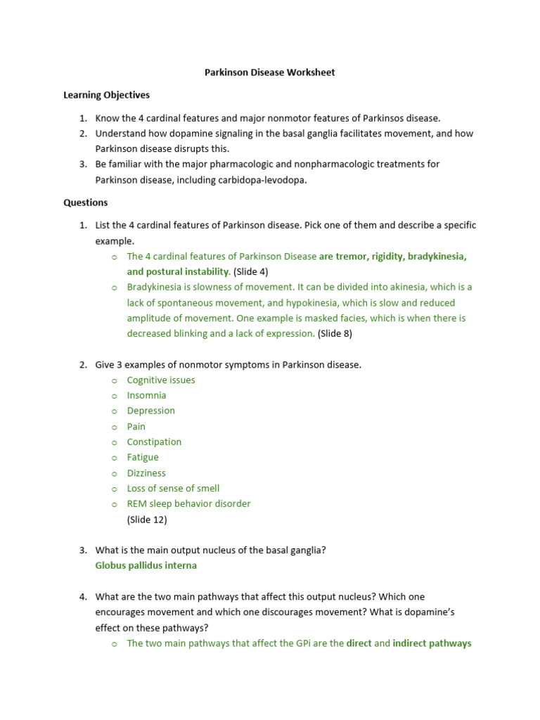 PD Worksheet | PDF | Parkinson's Disease | Dopamine