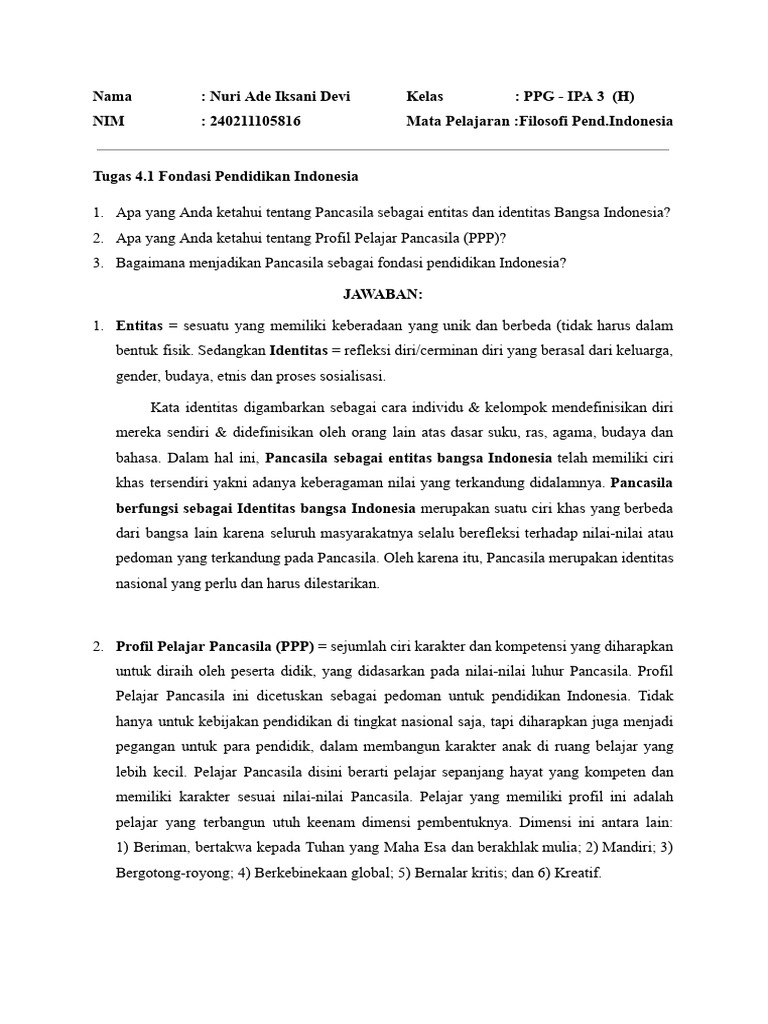 Tugas 4.1 Fondasi Pendidikan Indonesia_Nuri Ade Iksani Devi_240211105816_Kelas IPA 3 | PDF