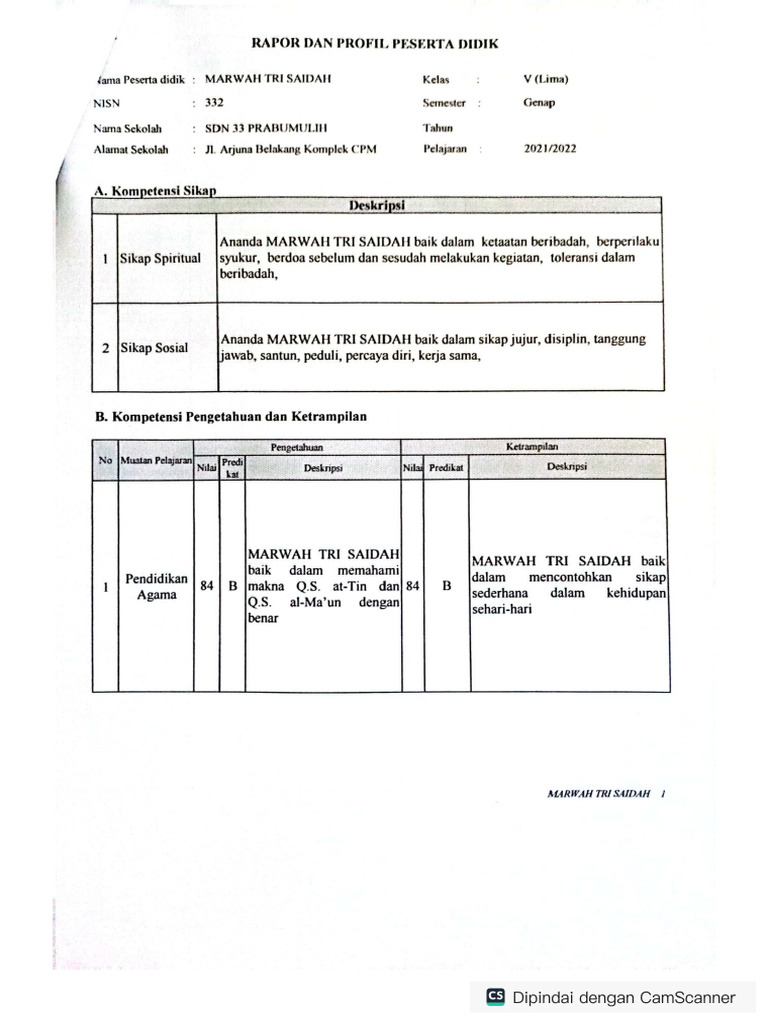 Rapot Kelas 5 Semester 2 | PDF