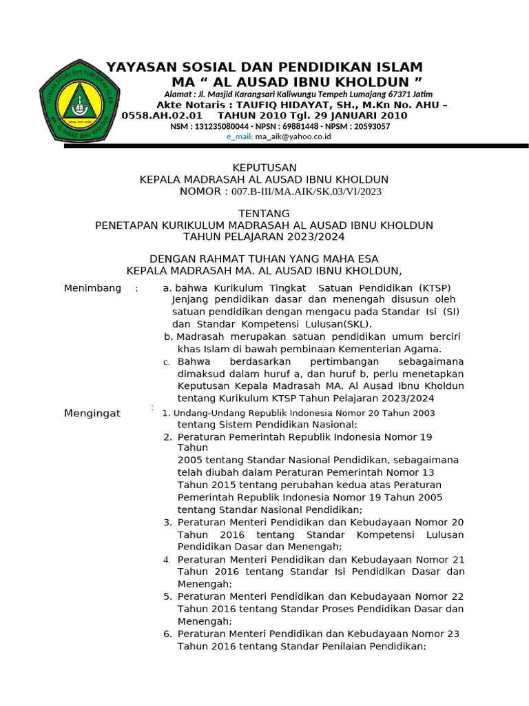 SK Penetapan Kurikulum | PDF