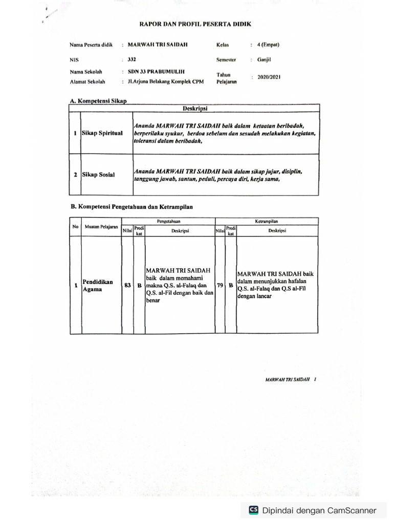 Rapot Kelas 4 Semester 1 | PDF