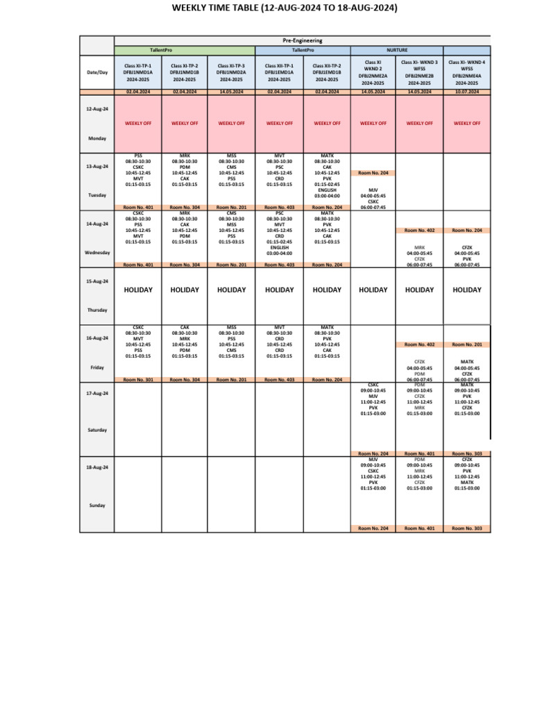 Iit-Jee Time Table 12 Aug - 18 Aug | PDF