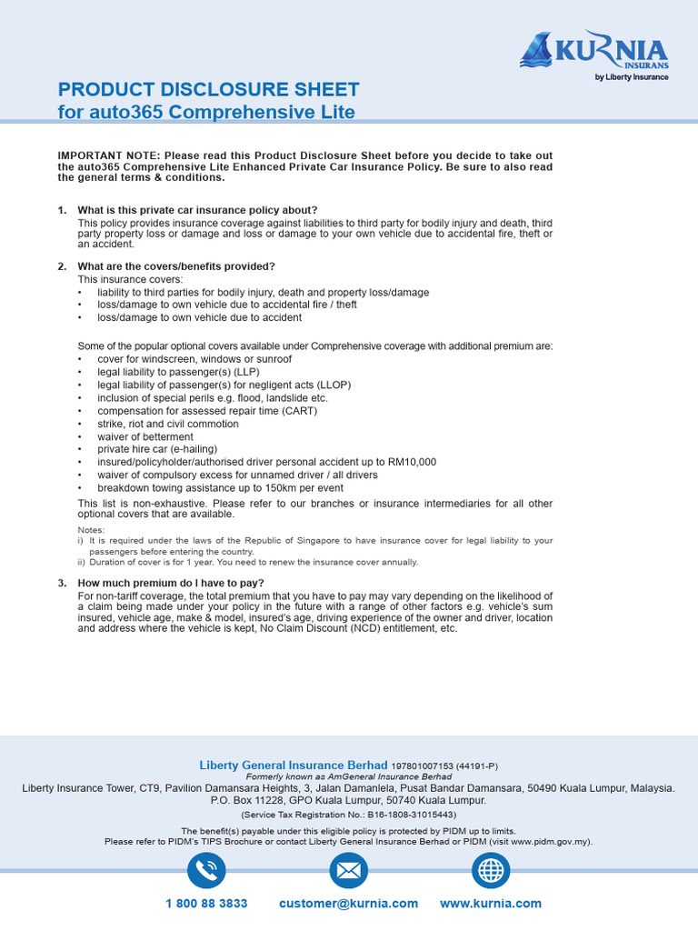 Auto365 Comprehensive Lite Product Disclosure Sheet Eng | PDF ...