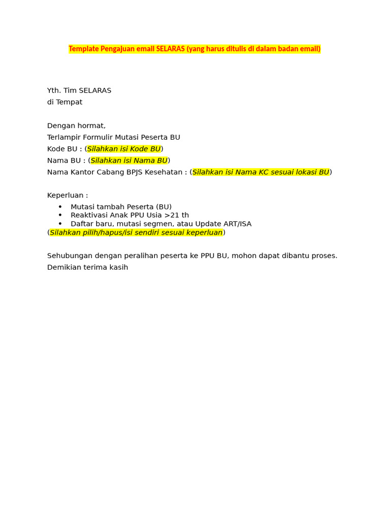 Template Email Pengajuan SELARAS BPJS | PDF