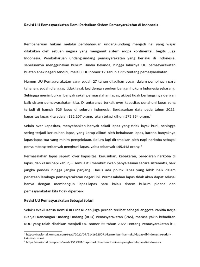 Uu Nomor 22 Tahun 2022 Tentang Pemasyarakatan | PDF