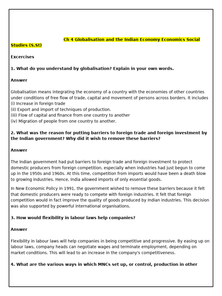Ch 4 Globalisation and the Indian Economy Economics Social Studies | PDF | Globalization ...