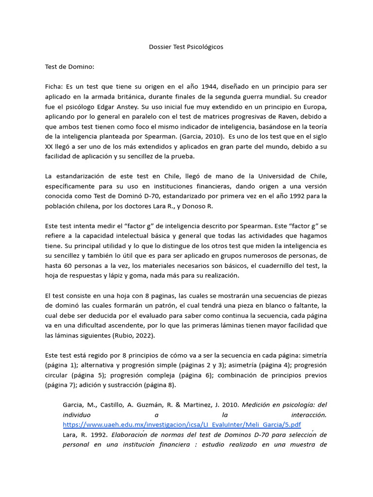 Dossier Test Psicológicos | PDF | Inteligencia | Sicología