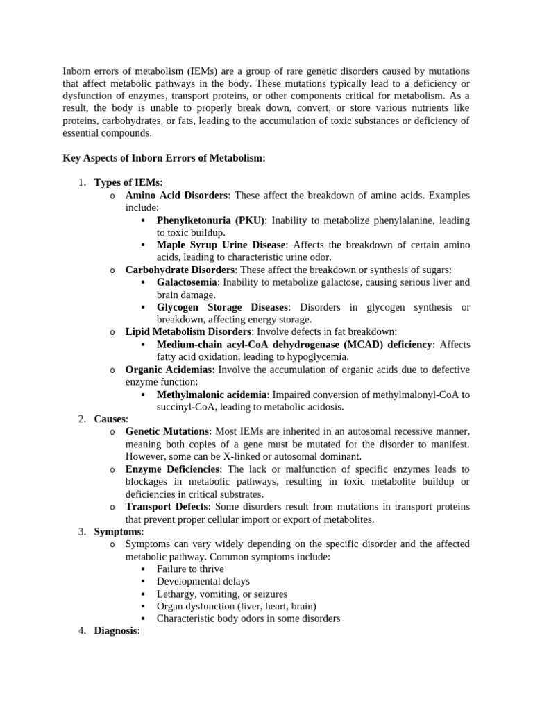 Inborn Errors of Metabolism | PDF | Diseases And Disorders | Medical ...