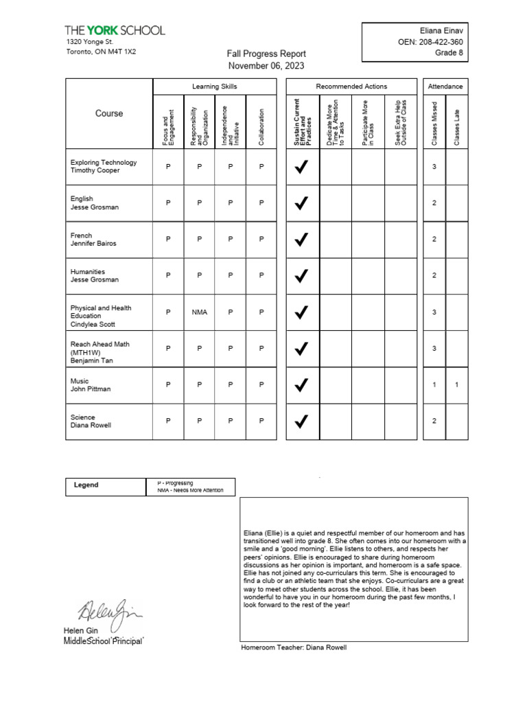 Eliana Einav's Grade 8 Progress Report | PDF | Learning | Behavior Modification
