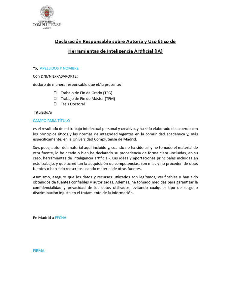 Declaración Ética de Autoría en IA | PDF