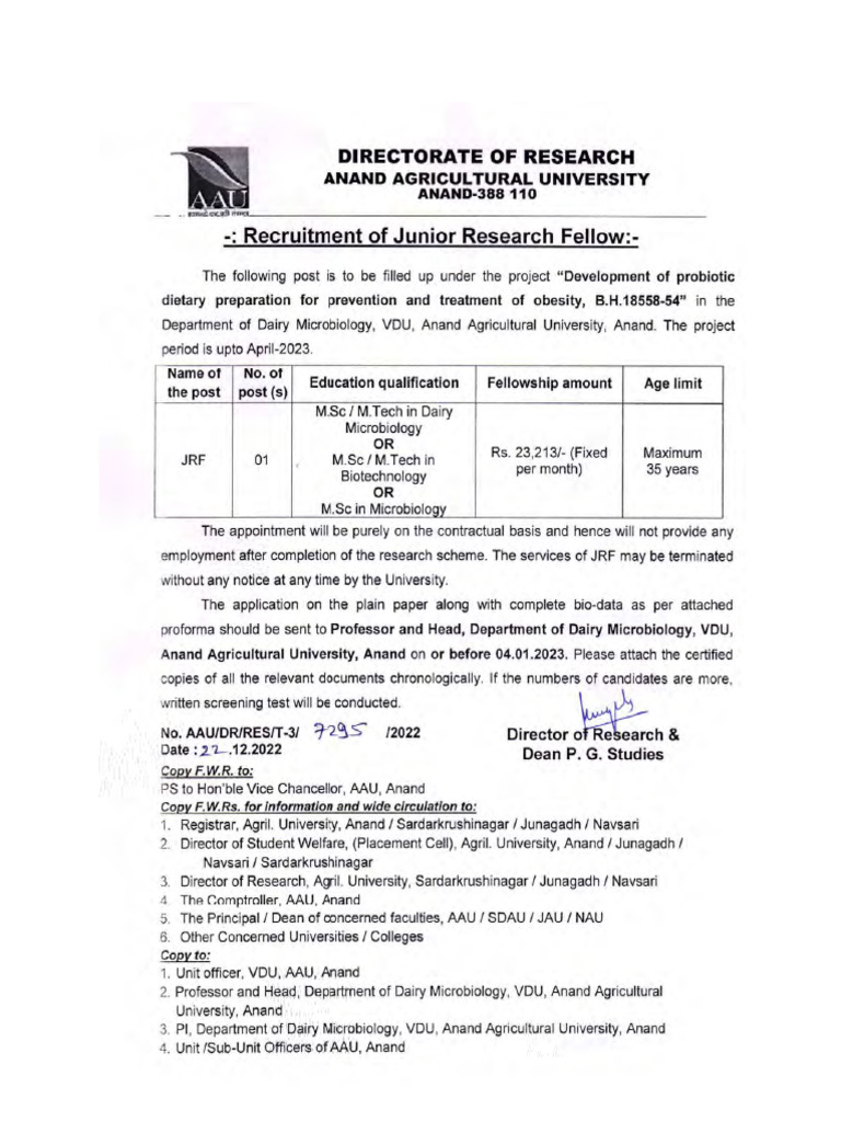 Advertisement JRF Dairy Micro Career Dec 2022 | PDF